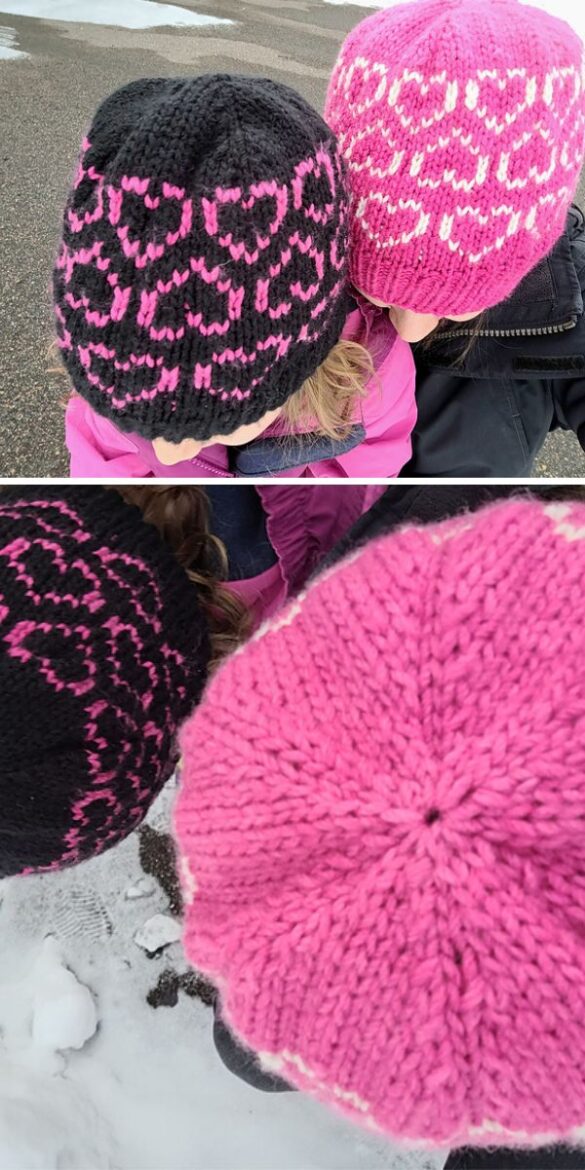 Heart Motif Hats Free Knitting Pattern